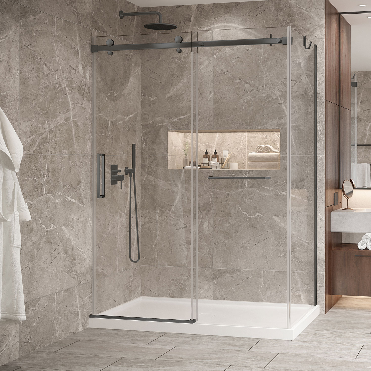 Shower door 60" x 36", in a corner closing on wall, wall on the left, door on the left, in gunmetal